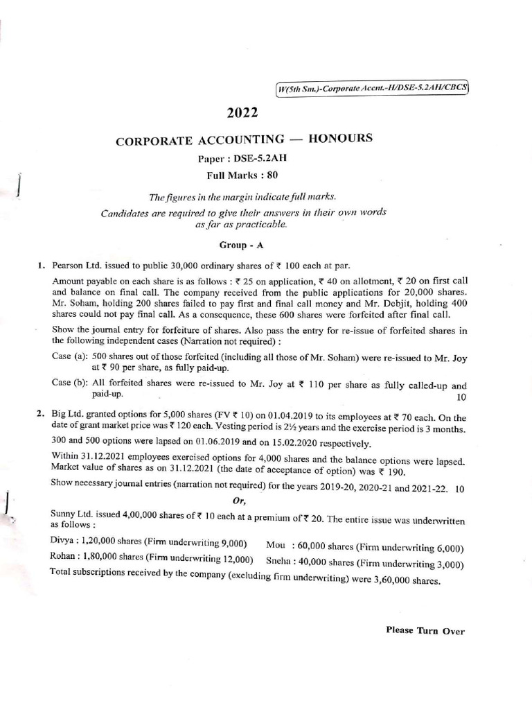 CU-2022 B. Com. (Honours) Corporate Accounting Semester-5 Paper-DSE-5.2AH QP | PDF