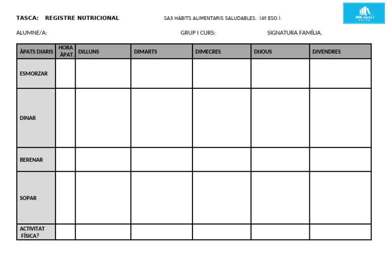Tasca Registre Nutricional | PDF