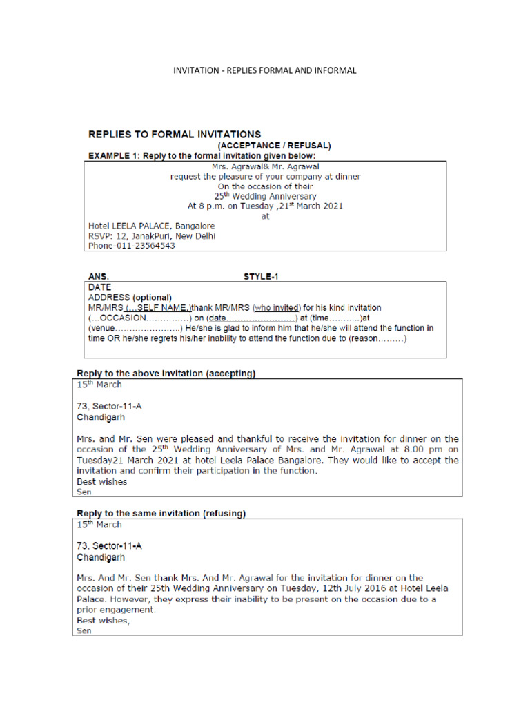 INVITATION-REPLIES FORMAL AND INFORMALlatest Document | PDF