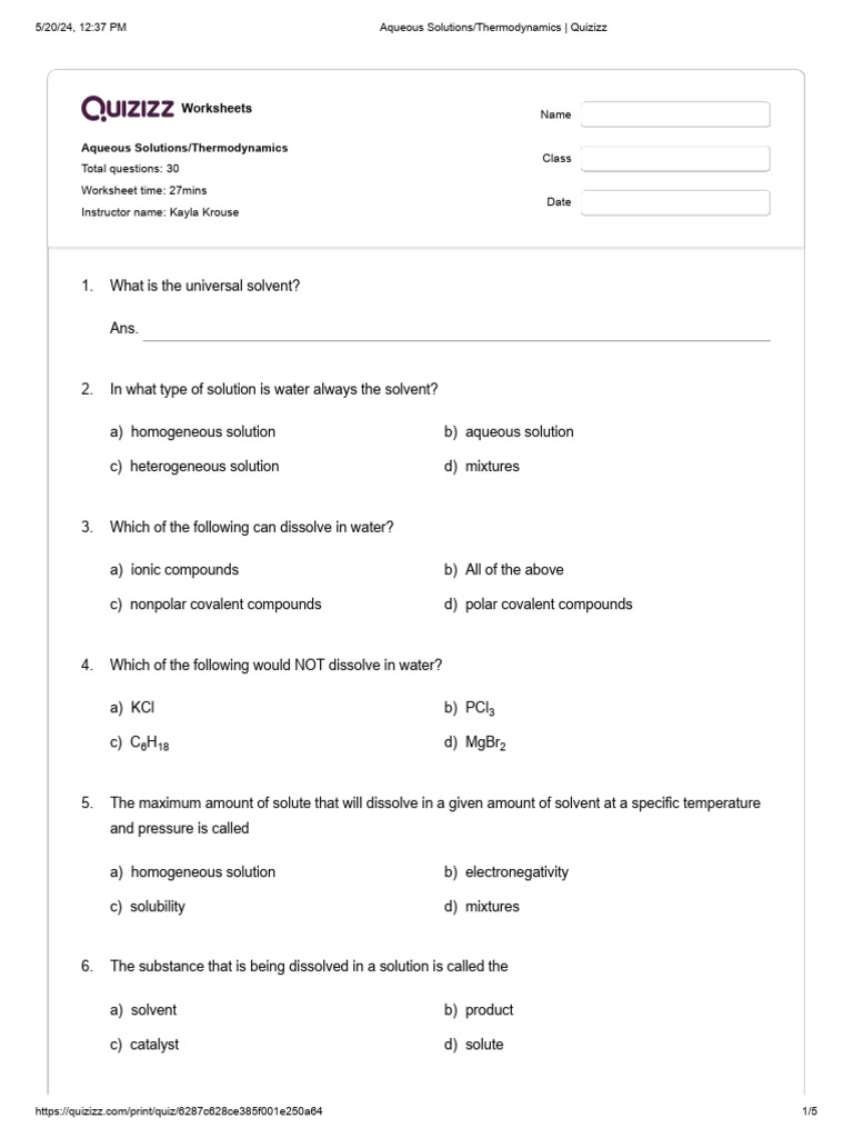 Aqueous Solutions Thermodynamics Quiz | PDF | Solubility | Chemical ...