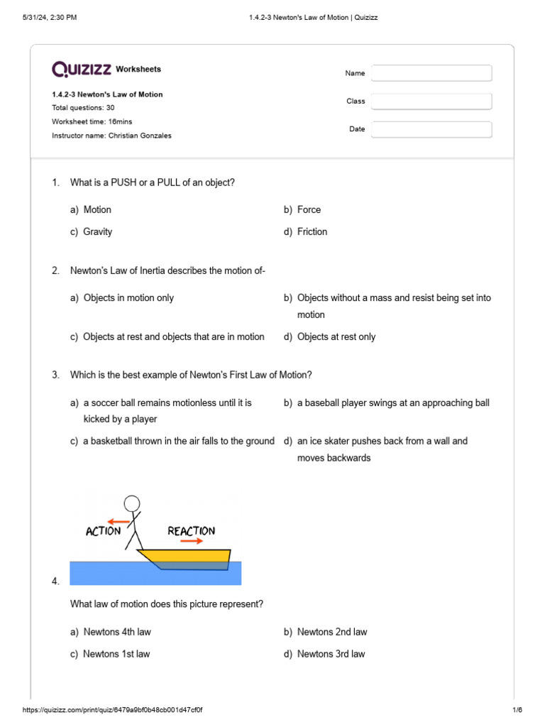1.4.2-3 Newton's Law of Motion - Quizizz | PDF | Force | Newton's Laws ...