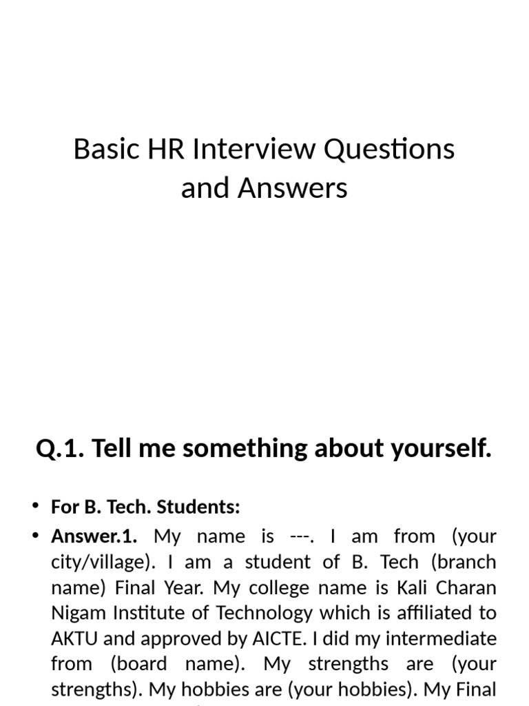Basic HR Interview Questions and Answers | PDF | Applied Psychology ...