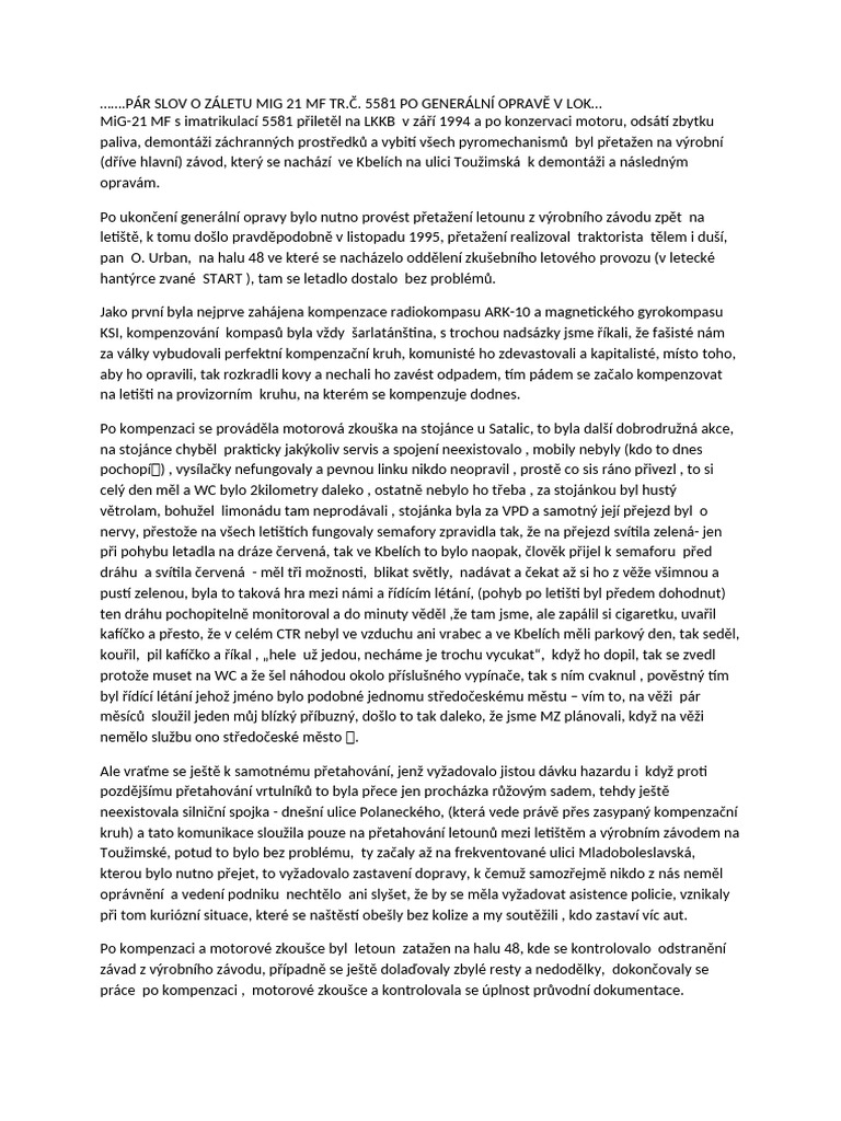 Pár Slov o Záletu MiG 21 MF (N) 5581 19.ŘÍJNA | PDF