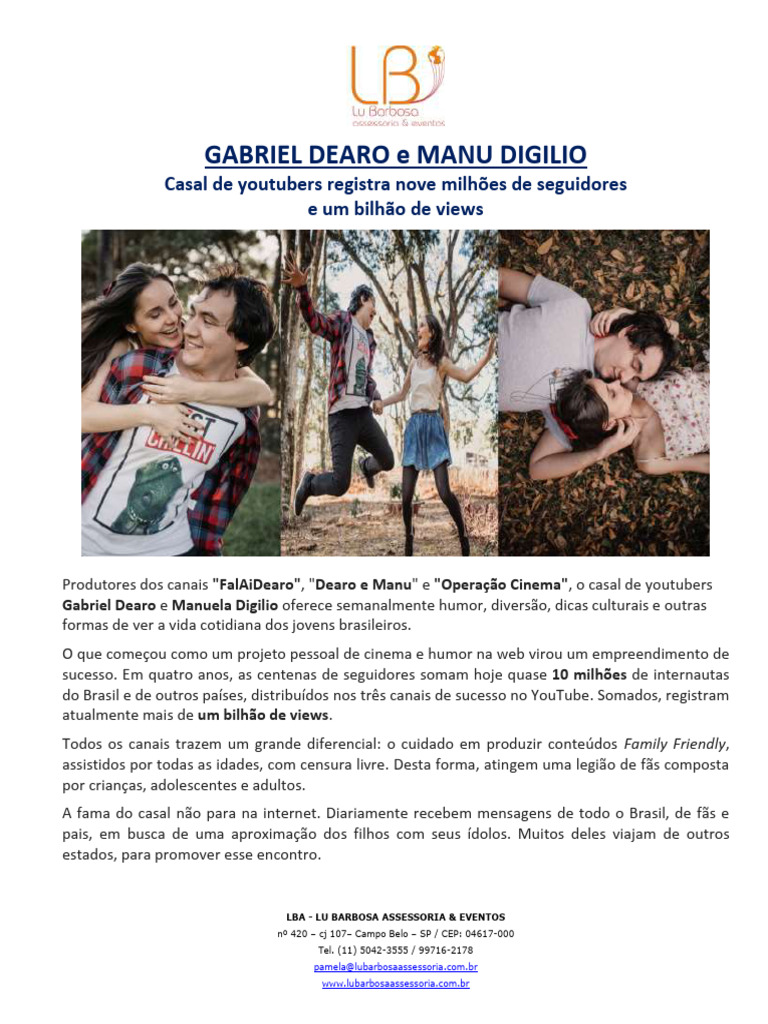 Gabriel Dearo e Manu Digilio: Sucesso no YouTube | PDF | Internet | YouTube