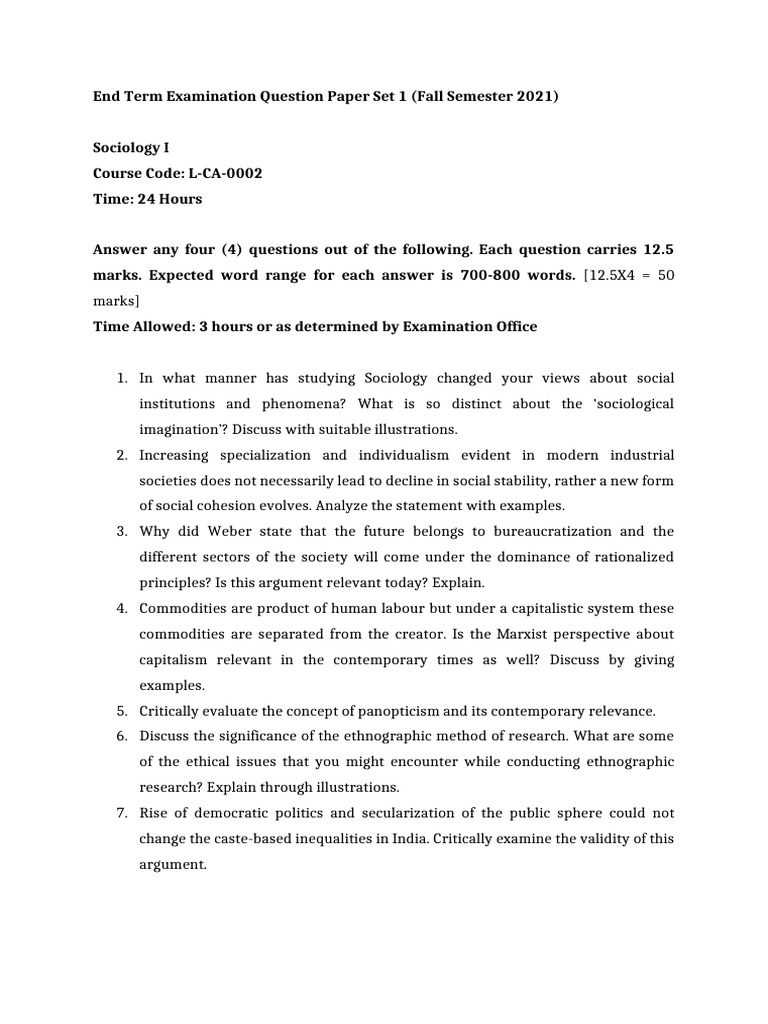 Sociology Exam Paper Set 1 - 2021 | PDF | Sociology | Gender
