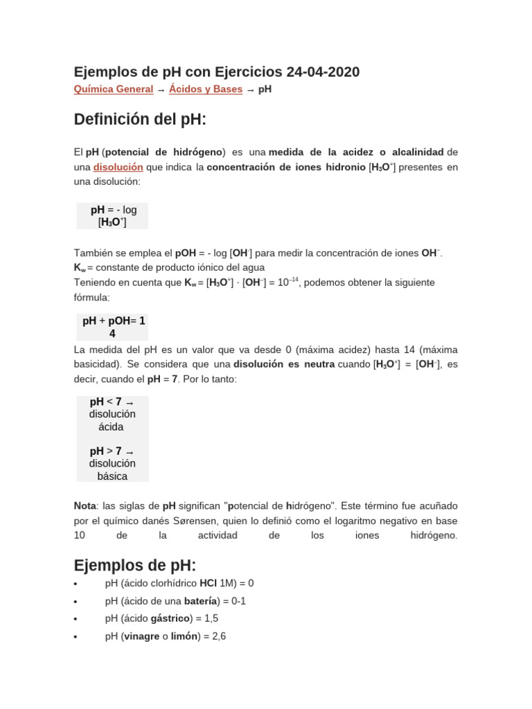 Ejemplos y Cálculos de pH | PDF | Ph | Ácido