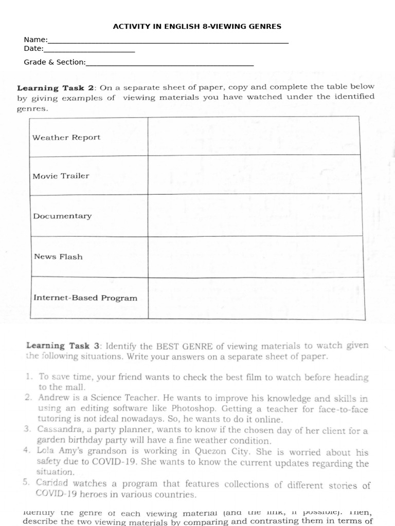 English 8 Viewing Genres Activity | PDF