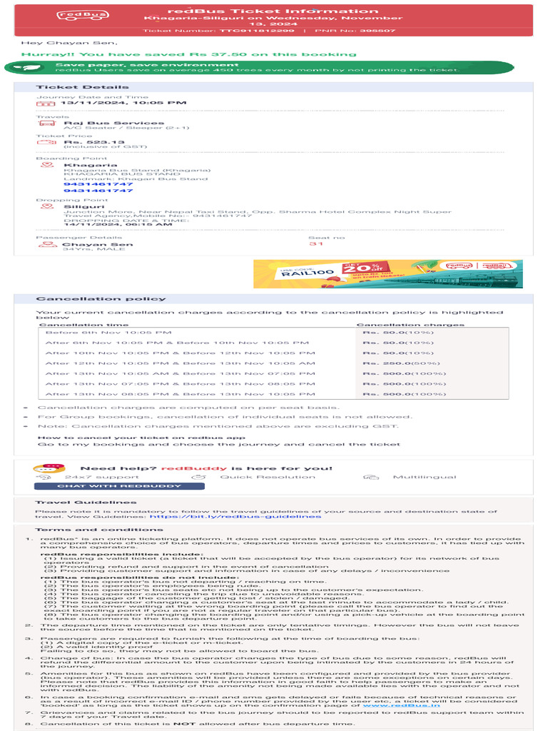 Redbus Ticket Information | PDF | Bus | Transport