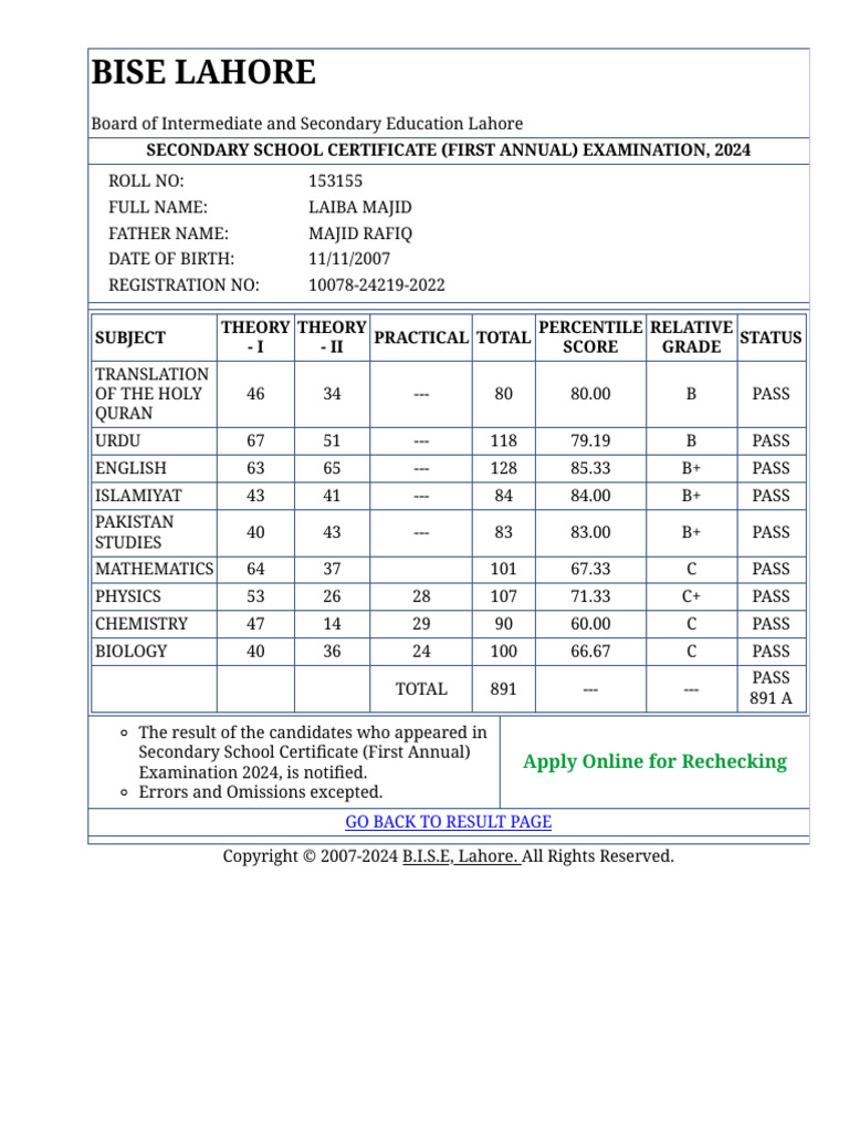 Bise Lahore Examination Result Status Sheet | PDF