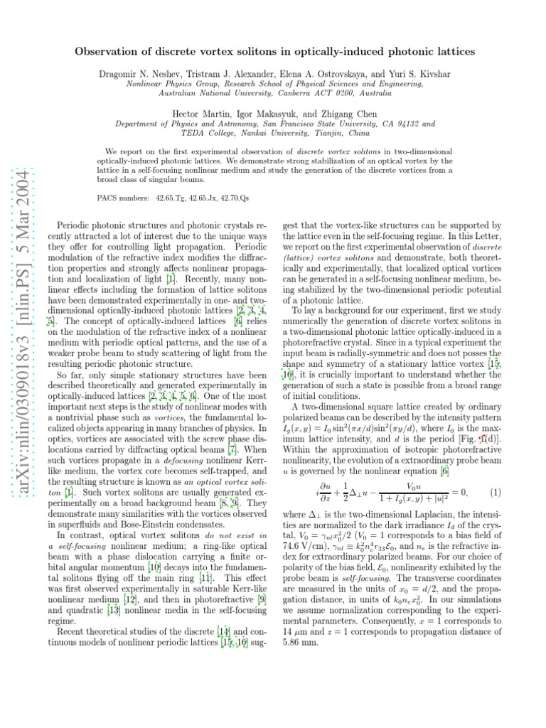 Dragomir N. Neshev Et Al - Observation of Discrete Vortex Solitons in Optically-Induced Photonic ...