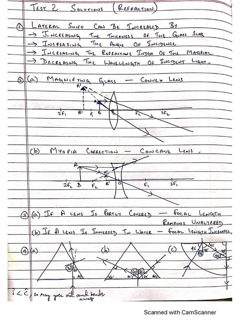 Solutions For Test 2 (Refraction) | PDF