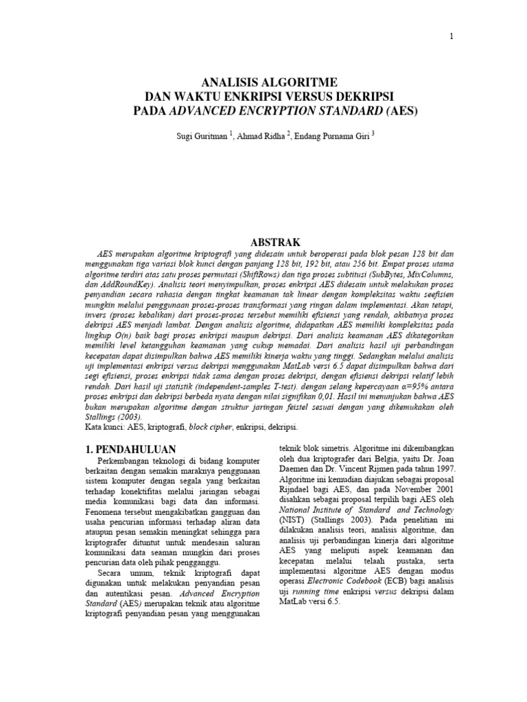 Analisis Algoritma Dan Waktu Enkripsi Versus Dekripsi Pada Advanced ...