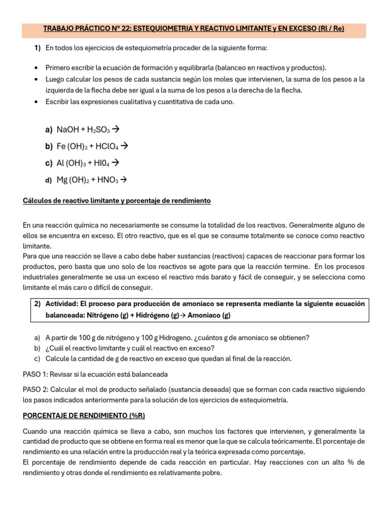 TP #22 REACTIVO LIMITANTE y EXCESO | PDF | Estequiometría | Reacciones químicas