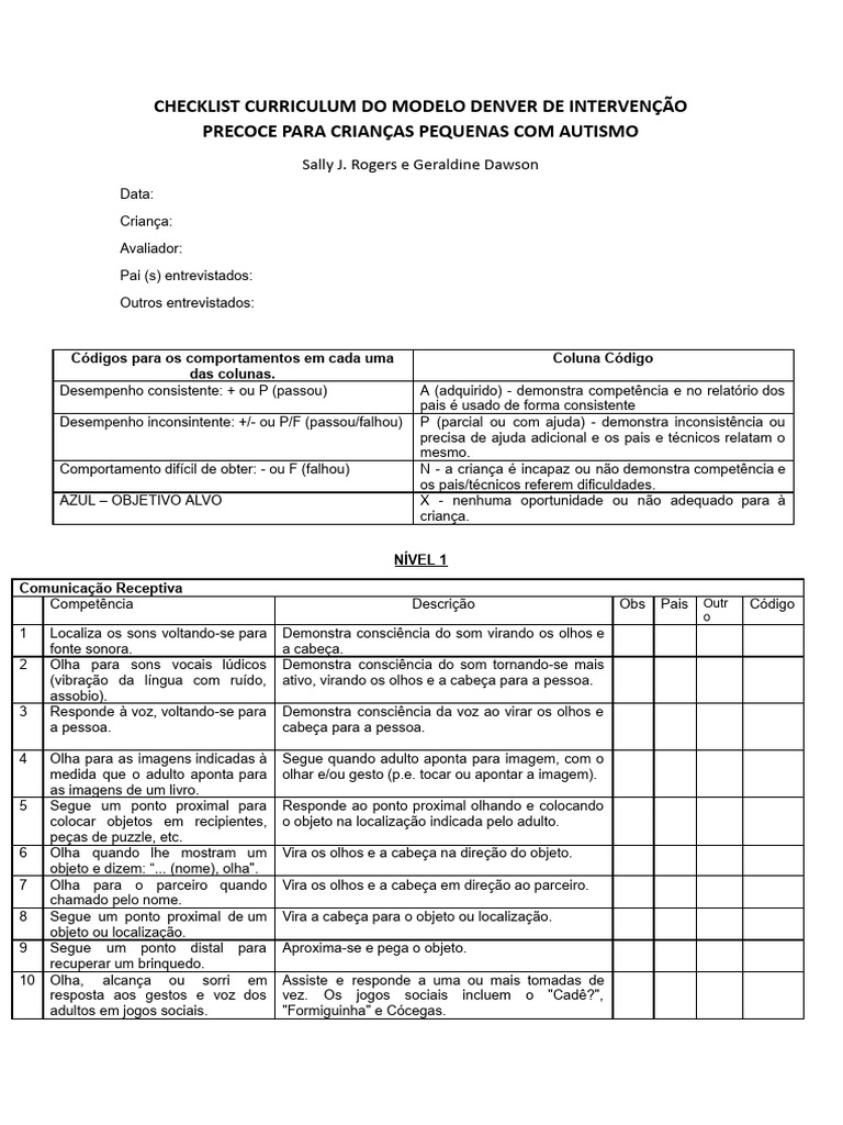 Checklist Denver para Preencher 7 | PDF | Brinquedos | Comunicação