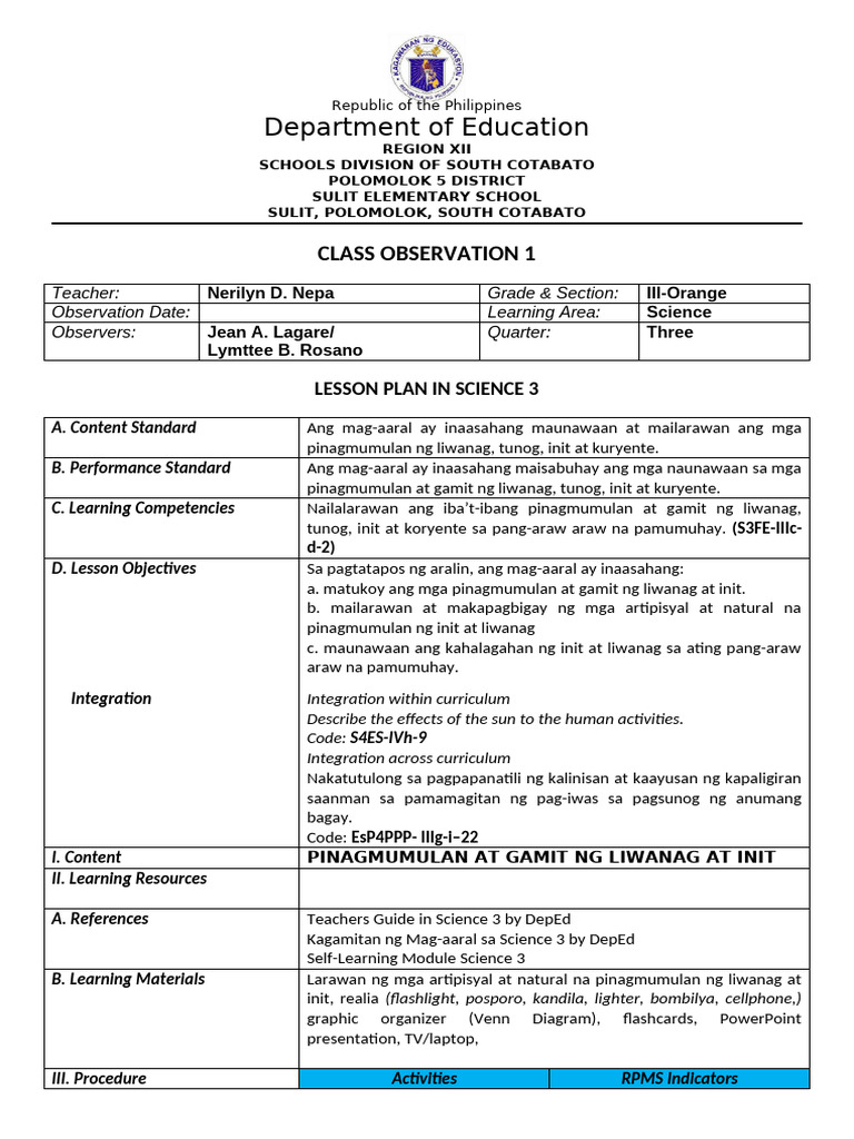 CO1-3-LESSON-PLAN-SCIENCE-3-1 | PDF