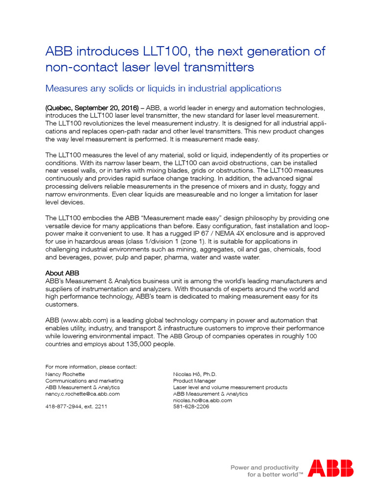ABB Introduces The LLT100 A Next Generation Laser Level Transmitter ...