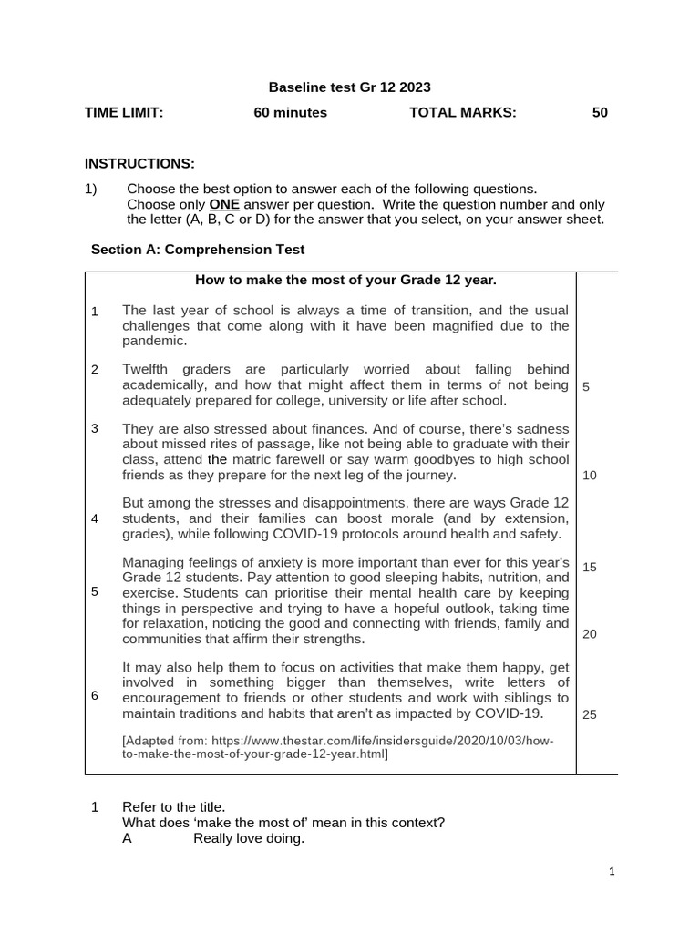 Baseline Test GR 12 2023 | PDF | Part Of Speech | Adverb