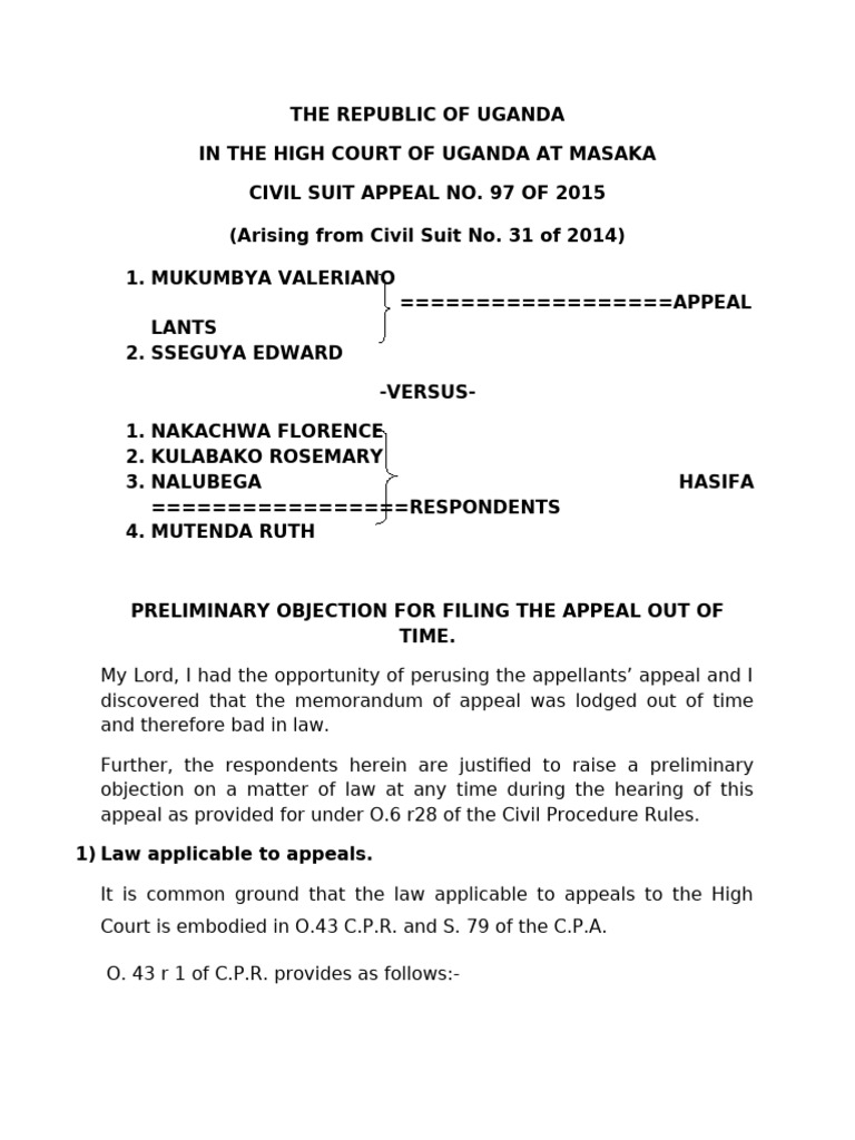 Preliminary Objection For Filing The Ppeal Out of Time | PDF | Appeal ...
