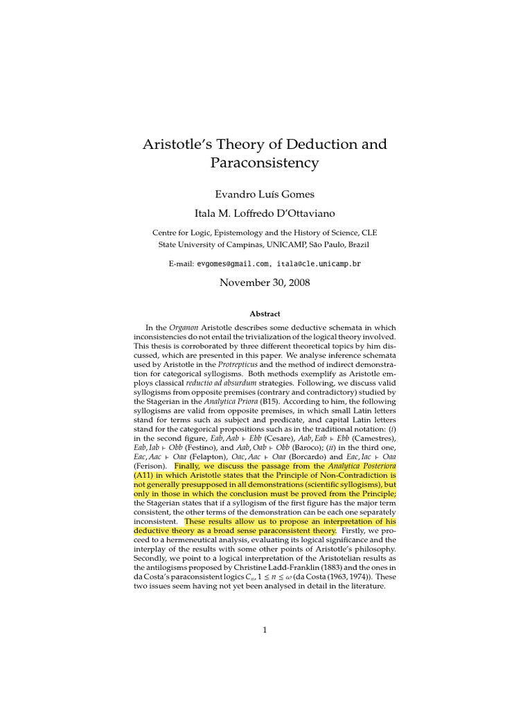 Aristotles Theory of Deduction and Parac | PDF | Logic | Deductive ...