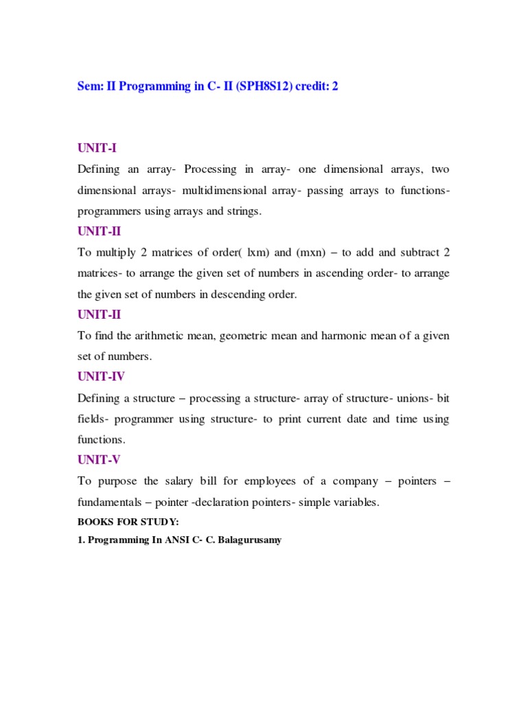 Sem: II Programming in C-II (SPH8S12) Credit: 2: Unit-I | PDF | Variable (Computer Science ...