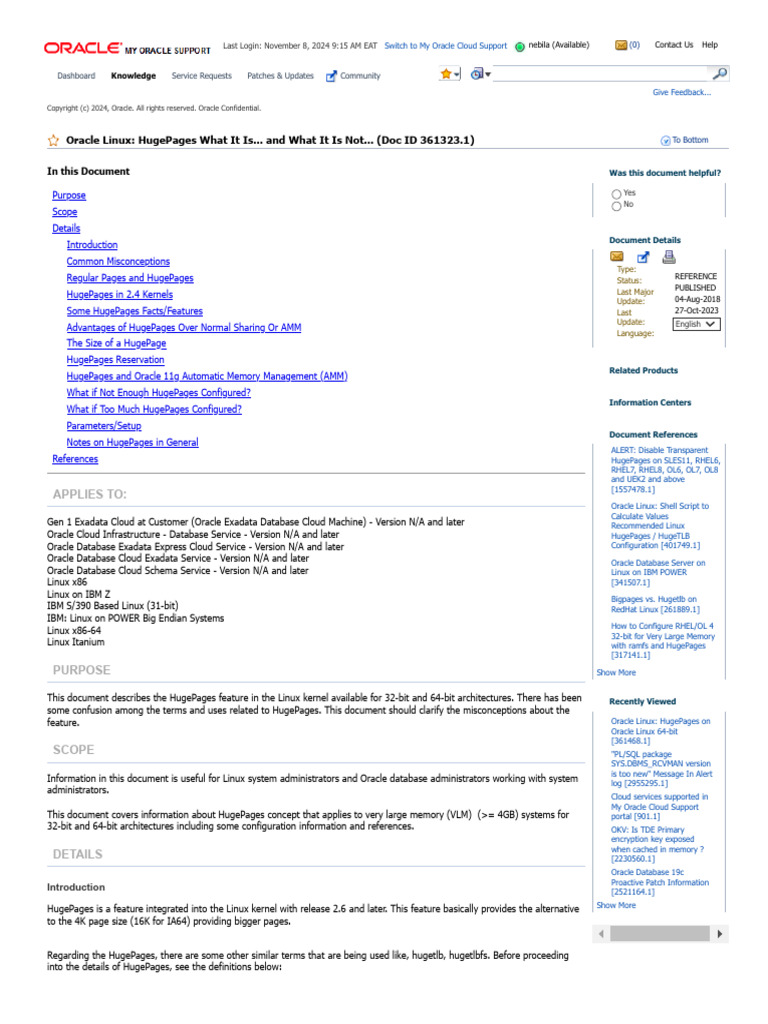 Oracle Linux HugePages What It Is and What It Is Not Doc ID 361323 | PDF | Cpu Cache | Computing