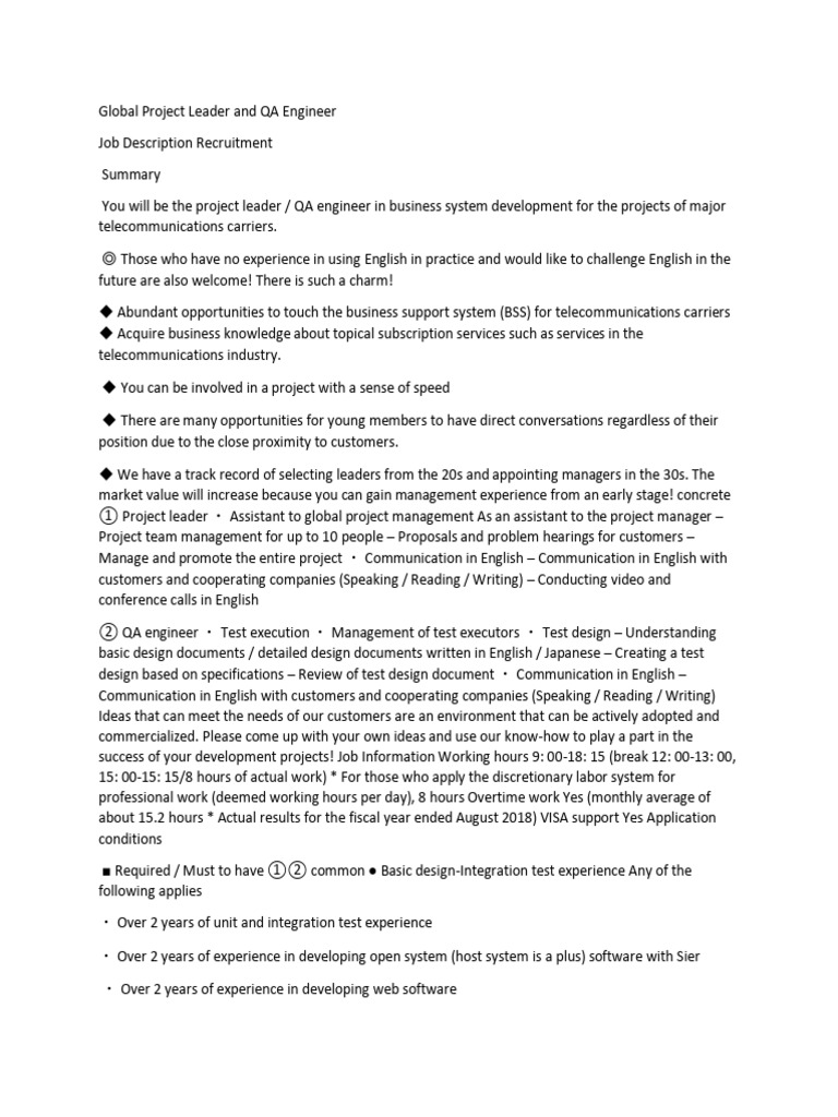 Global Project Leader & QA Engineer Role | PDF | Employment | Working Time