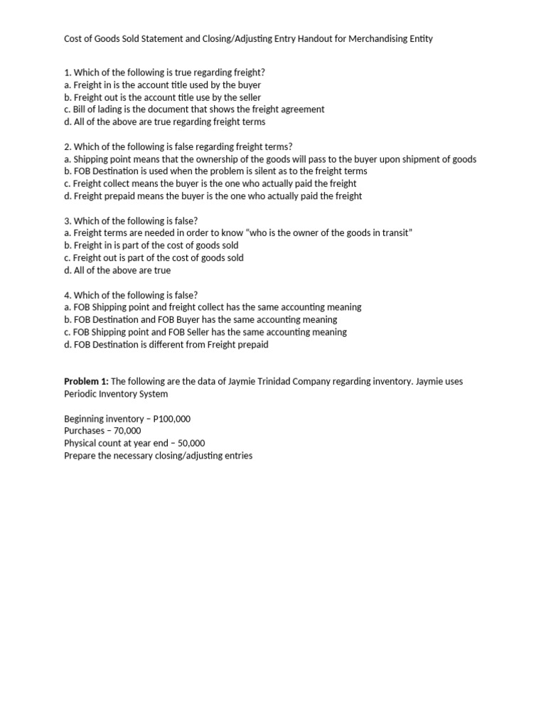 COGS Closing Entries and Adjusting Entriesmerch | PDF | Cost Of Goods ...