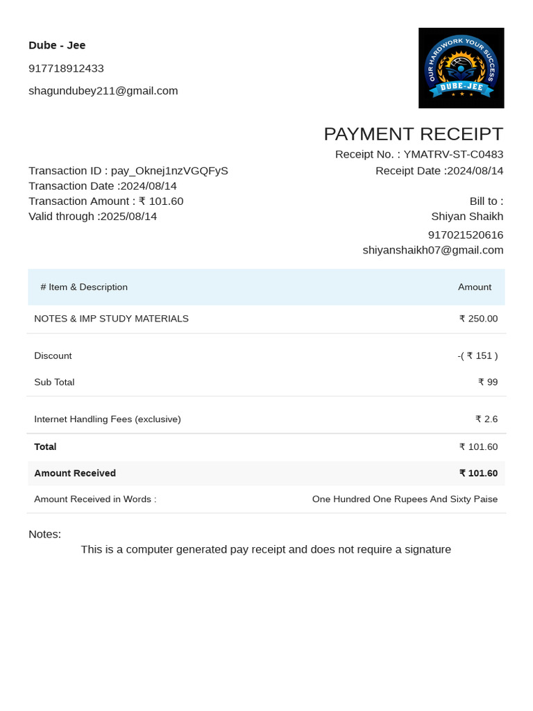 Payment Receipt for Study Materials | PDF