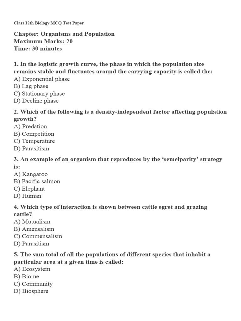 Class 12th Biology MCQ Test Paper | PDF | Biology | Community Ecology