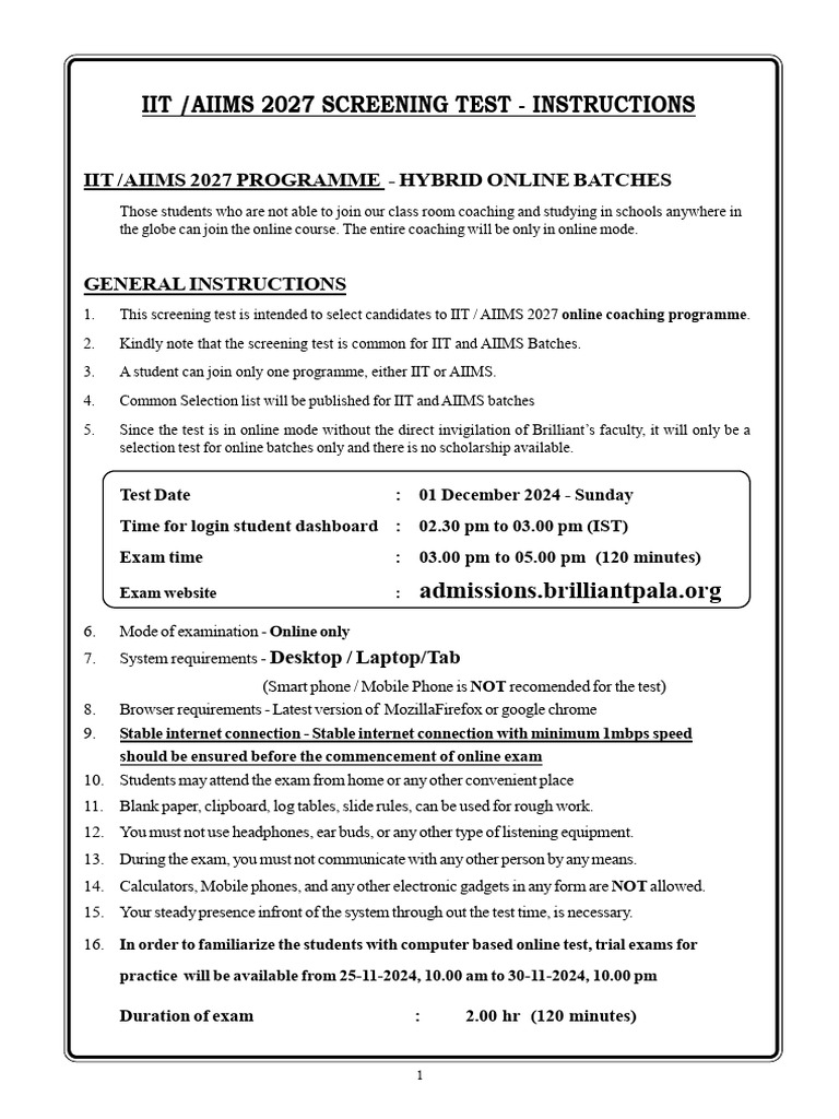 IIT-AIIMS 2027 SCREENING TEST INSTRUCTIONS - 01-12-2024-Online | PDF ...