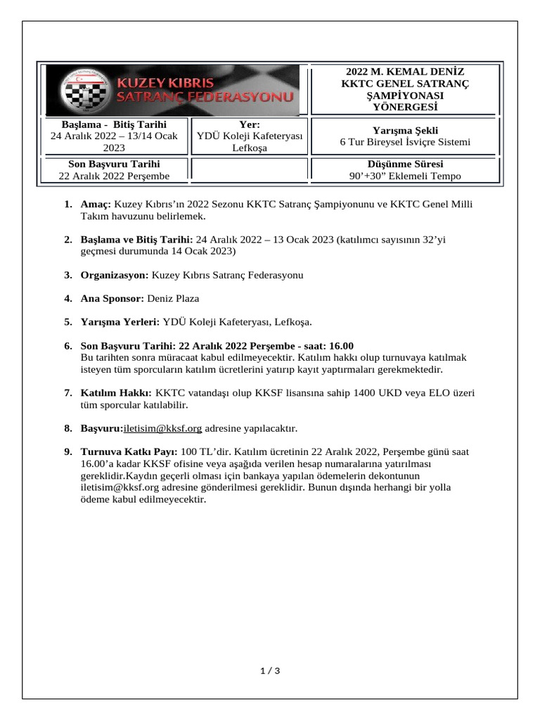 2022 KKTC Genel Satranc Sampiyonasi Yonergesi 15.12.22 Guncel Program 0 | PDF