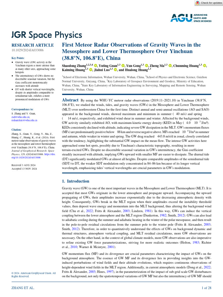 JGR Space Physics - 2024 - Zhang - First Meteor Radar Observations of ...