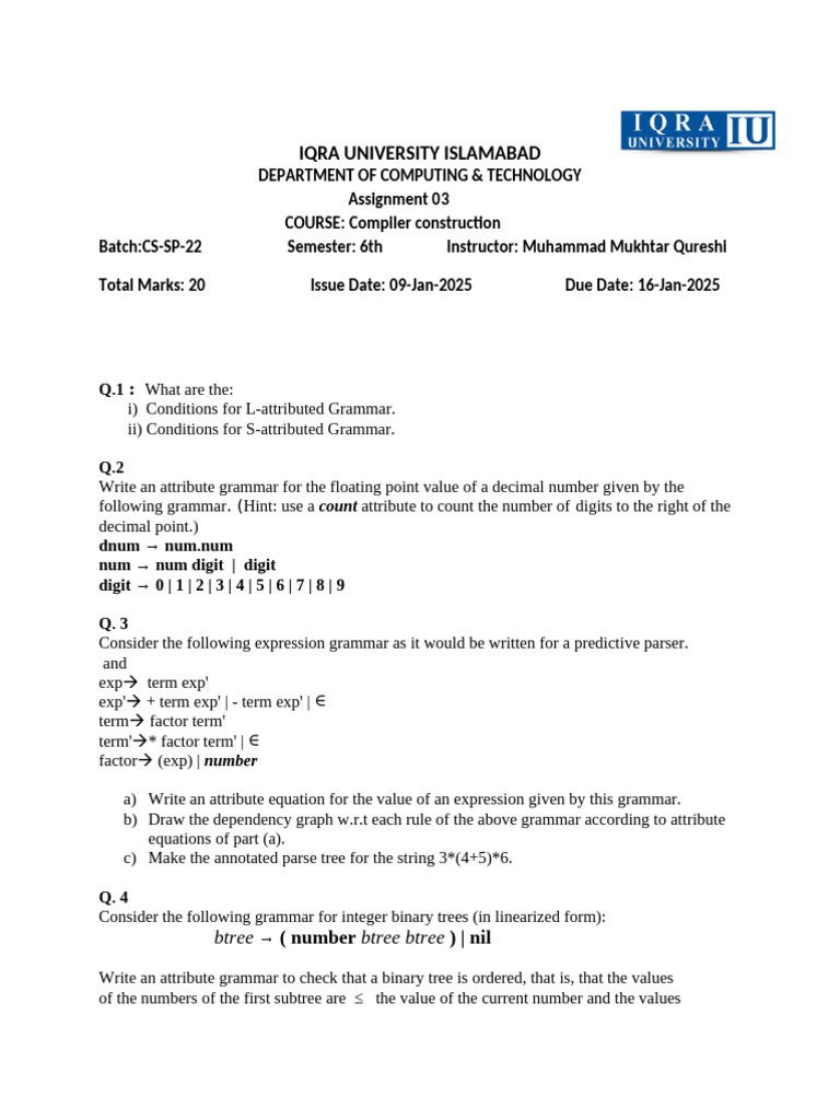 ASSIGNMENT # 4 Compiler Construction | PDF | Parsing | Bracket