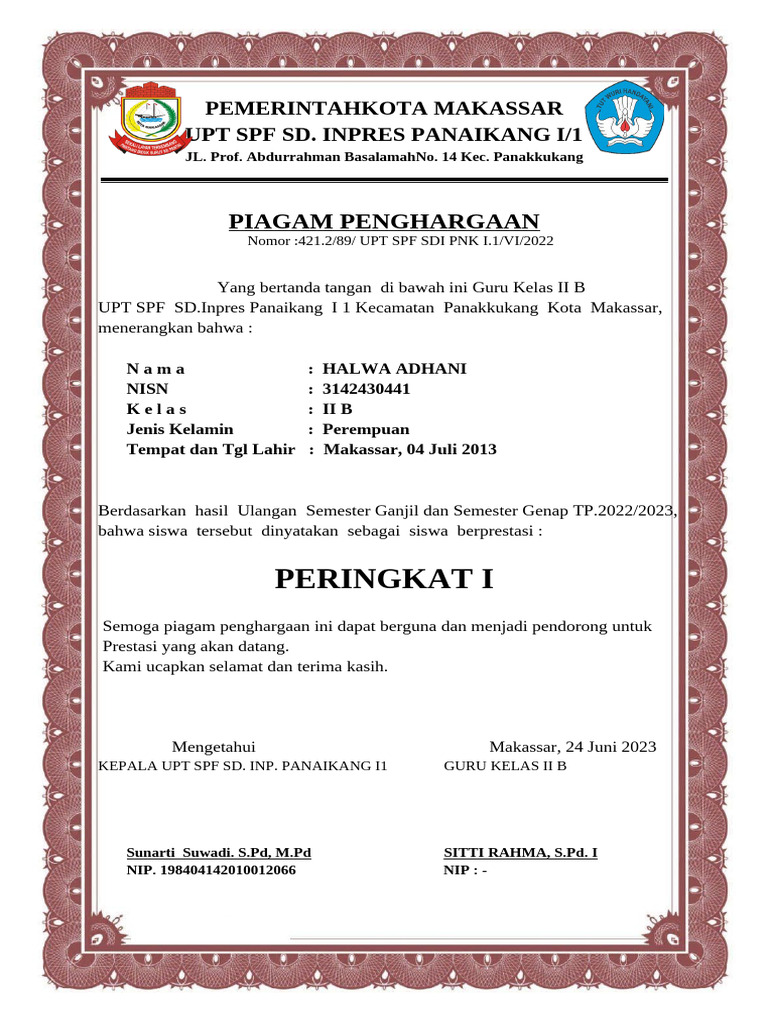 Piagam siswa berprestasi belajar 2 | PDF