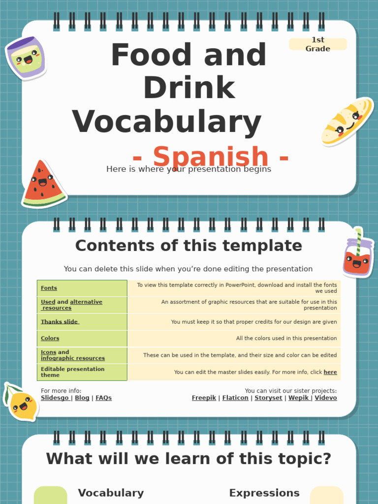 Food and Drink Vocabulary - Spanish - 1st Grade by Slidesgo | PDF