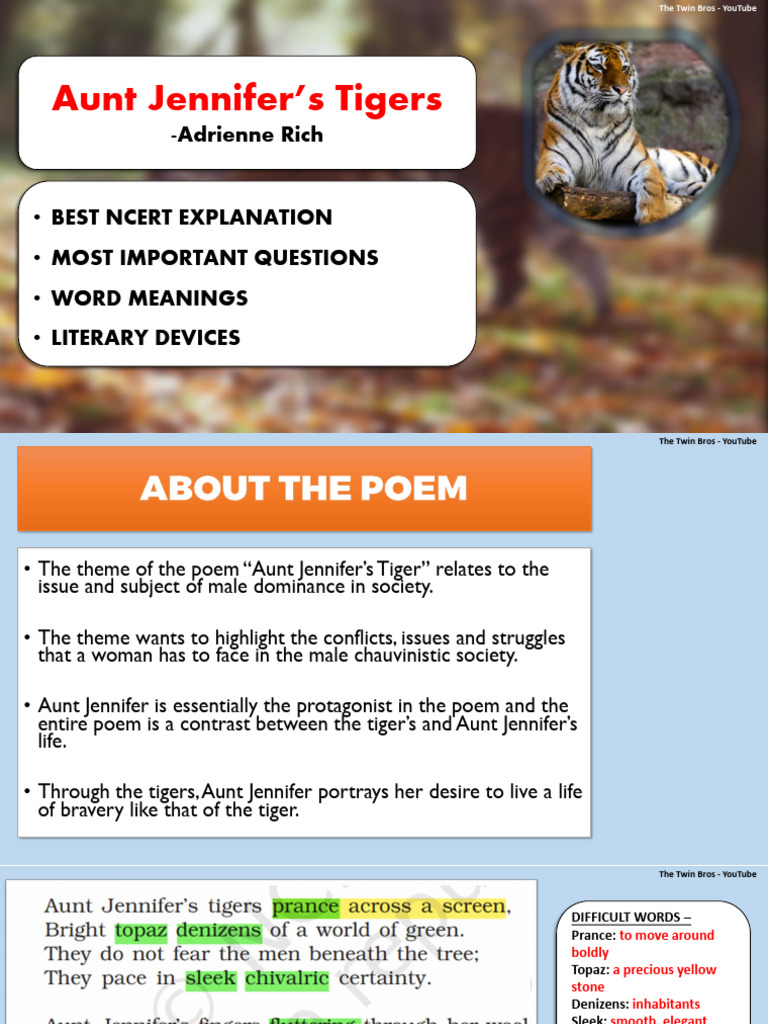Aunt Jennifer's Tigers: Poem Analysis | PDF | Poetry