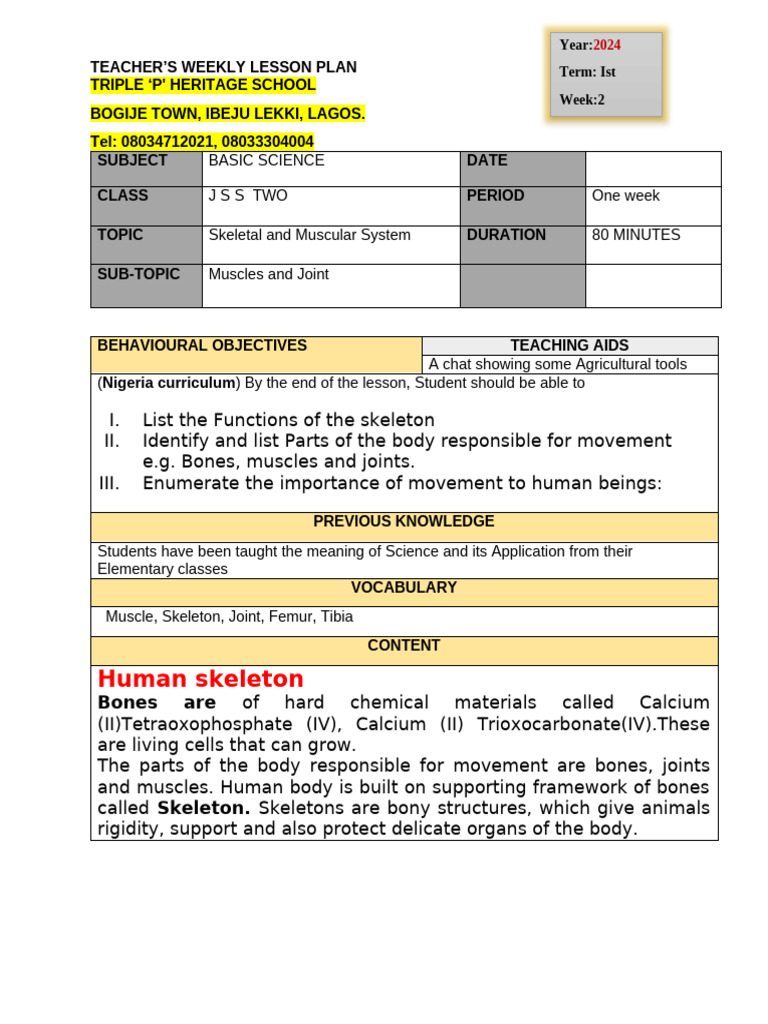 Jss2 Basic Science Week 2 | PDF | Skeleton | Bone