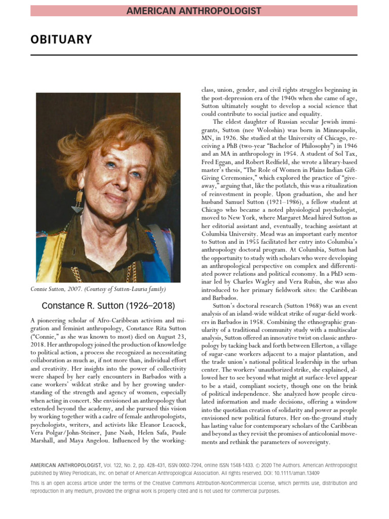Constance R Sutton 1926-2018 | PDF | Anthropology | Liberal Arts Education