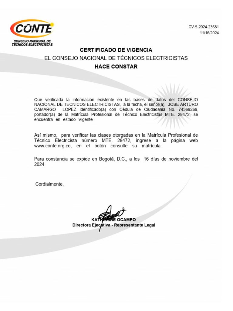 Certificado de Vigencia 74369269 | PDF