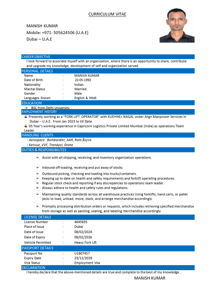 MANISH KUMAR CV_250113_073643 | PDF | Forklift | Supply Chain Management