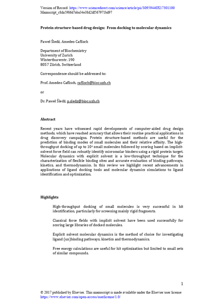 Protein Structure-Based Drug Design From Docking To Molecular Dynamics | PDF | Docking ...
