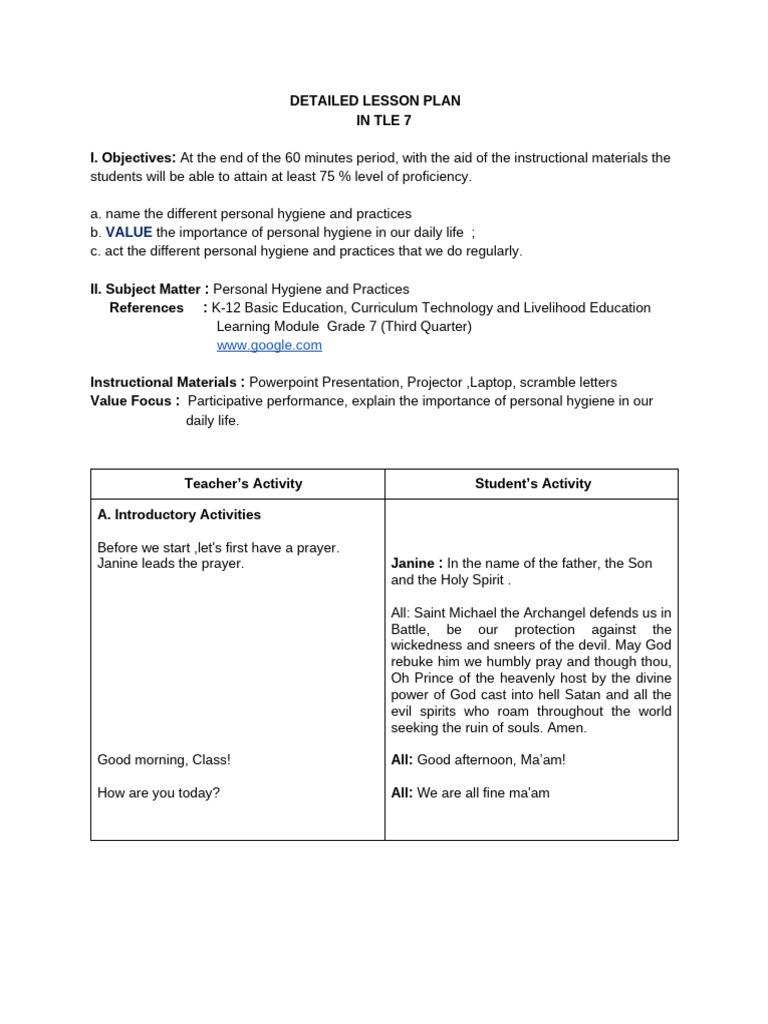 Personal Hygiene Lesson Plan for Grade 7 | PDF | Hand Washing | Hygiene