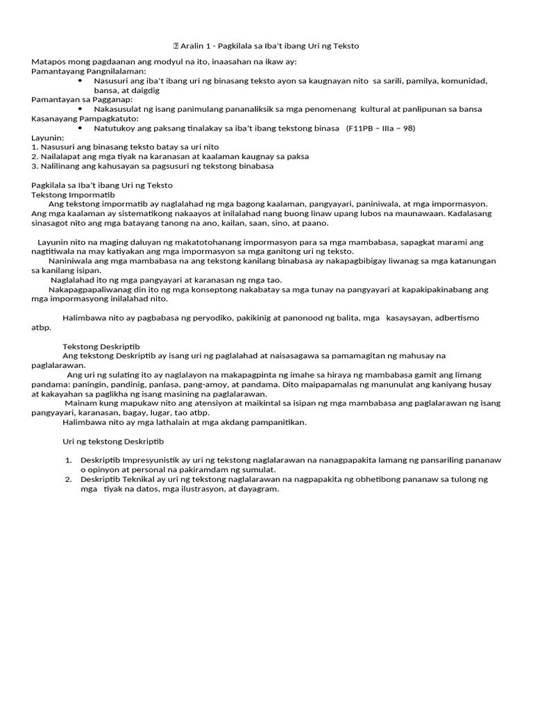 Pagbasa Module 1 Uri NG Teksto | PDF