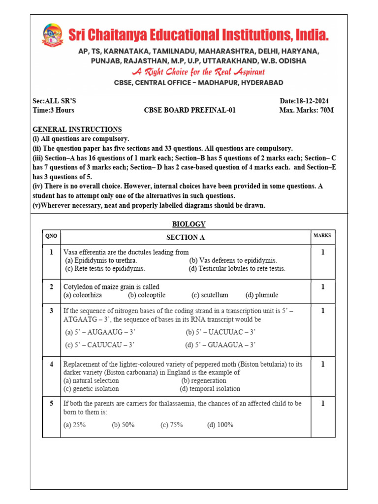 Cbse All Sr's Board Prefinal-1 Biology QP 18-12-2024 | PDF | Molecular Cloning | Cell (Biology)