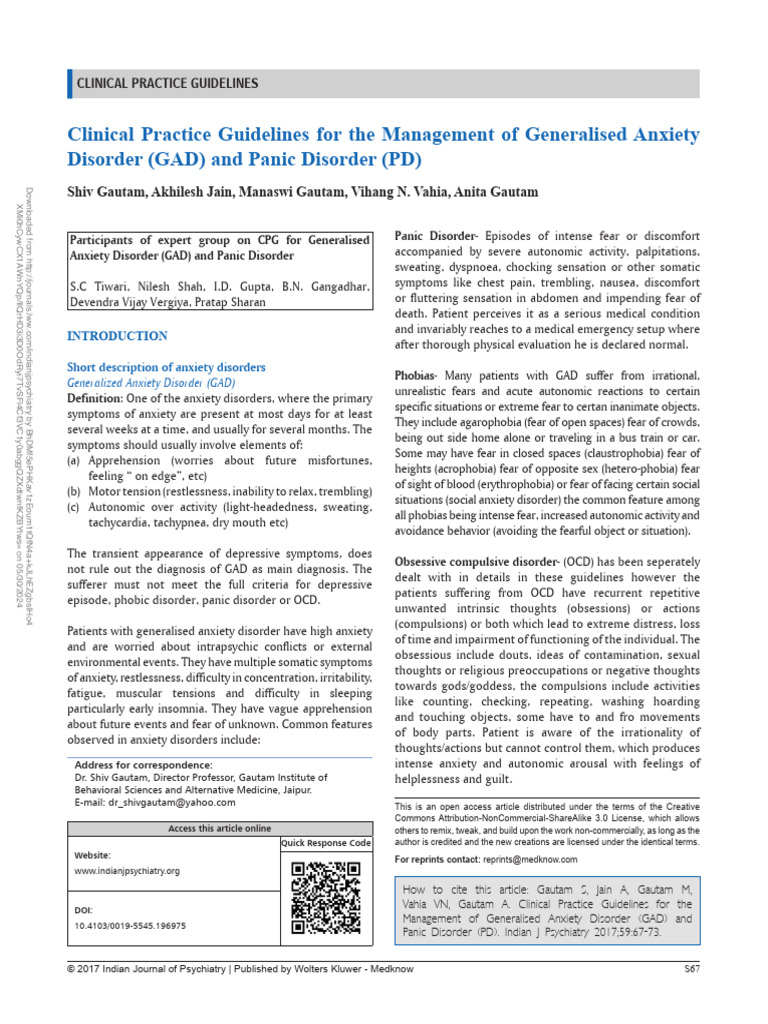 CPG for Generalized Anxiety Disorder and Panic Disorder | PDF | Generalized Anxiety Disorder ...