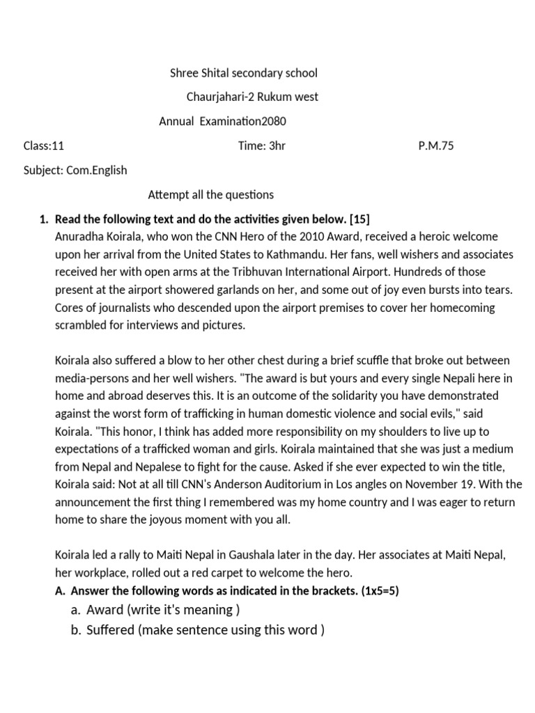 Class 11 Question Paper | PDF | Nepal | Linguistics