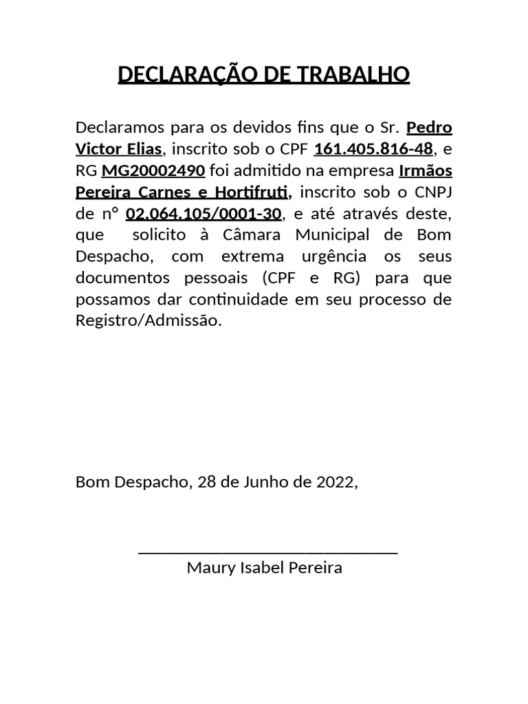 Declaração de Trabalho | PDF
