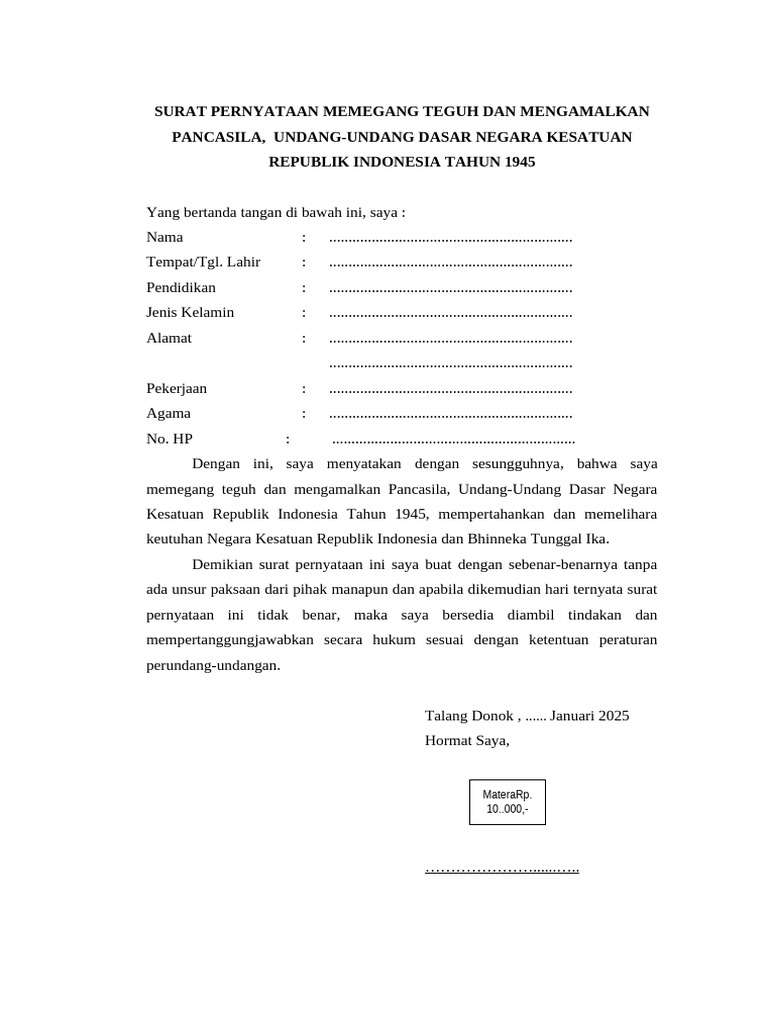 Surat Pernyataan Pancasila 2025 | PDF