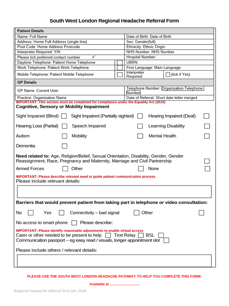 Regional Headache Referral Form Final Sept 20 | PDF | Headache | Visual ...