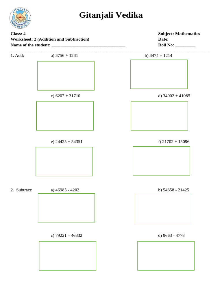 Addition Subtraction WS Grade 4 2024 | PDF | Mathematics